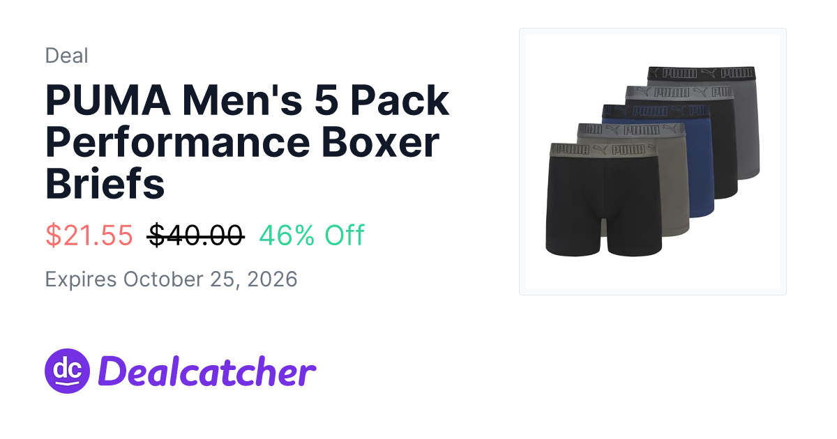 PUMA Men's 5 Pack Performance Boxer Briefs - $21.55