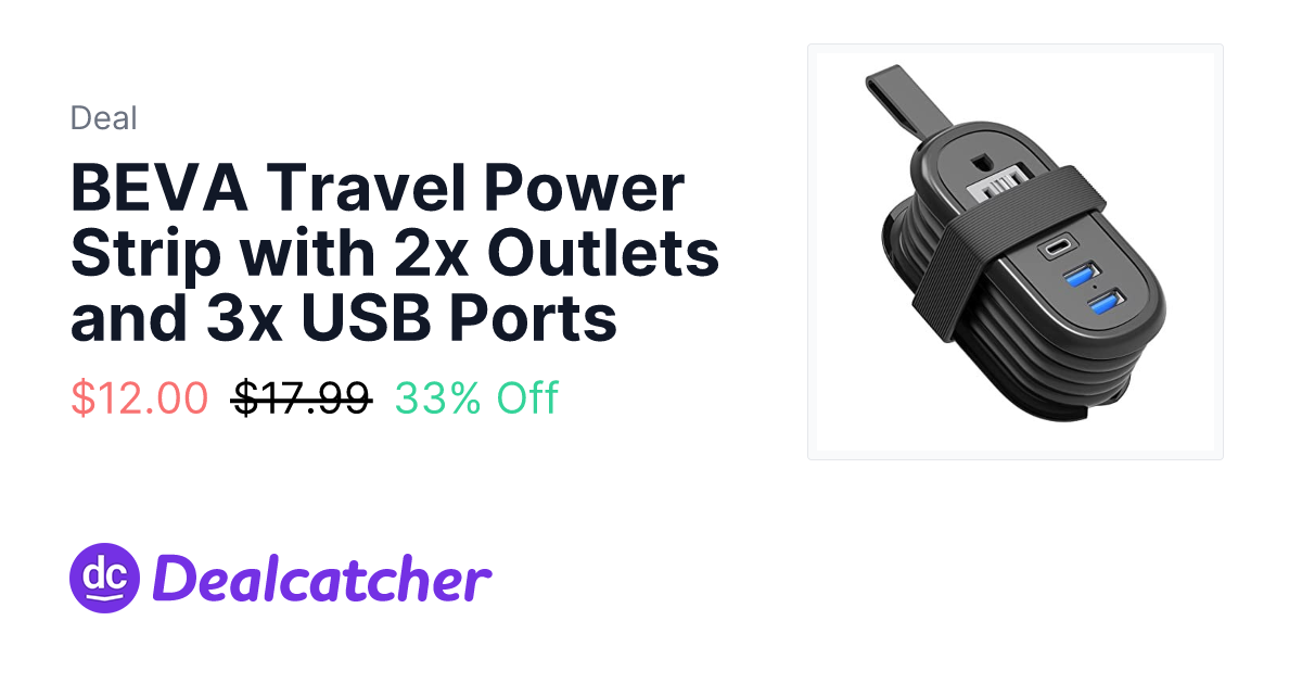 BEVA Travel Power Strip with 2x Outlets and 3x USB Ports - $12.00