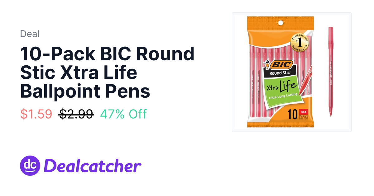 10-Pack BIC Round Stic Xtra Life Ballpoint Pens - $1.59
