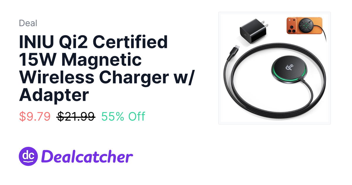INIU Qi2 Certified 15W Magnetic Wireless Charger w/ Adapter - $9.79