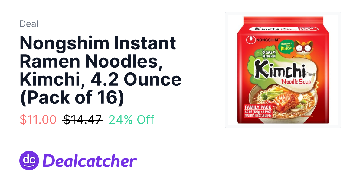 Nongshim Instant Ramen Noodles, Kimchi, 4.2 Ounce (Pack of 16) - $11.00