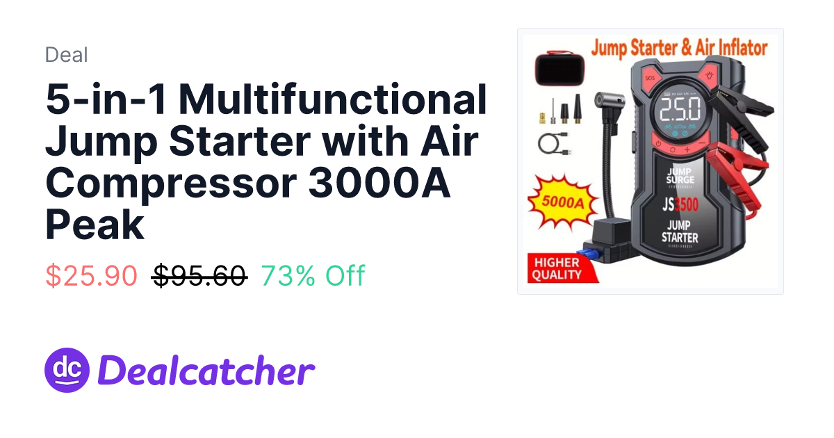 5-in-1 Multifunctional Jump Starter with Air Compressor 3000A Peak - $25.90