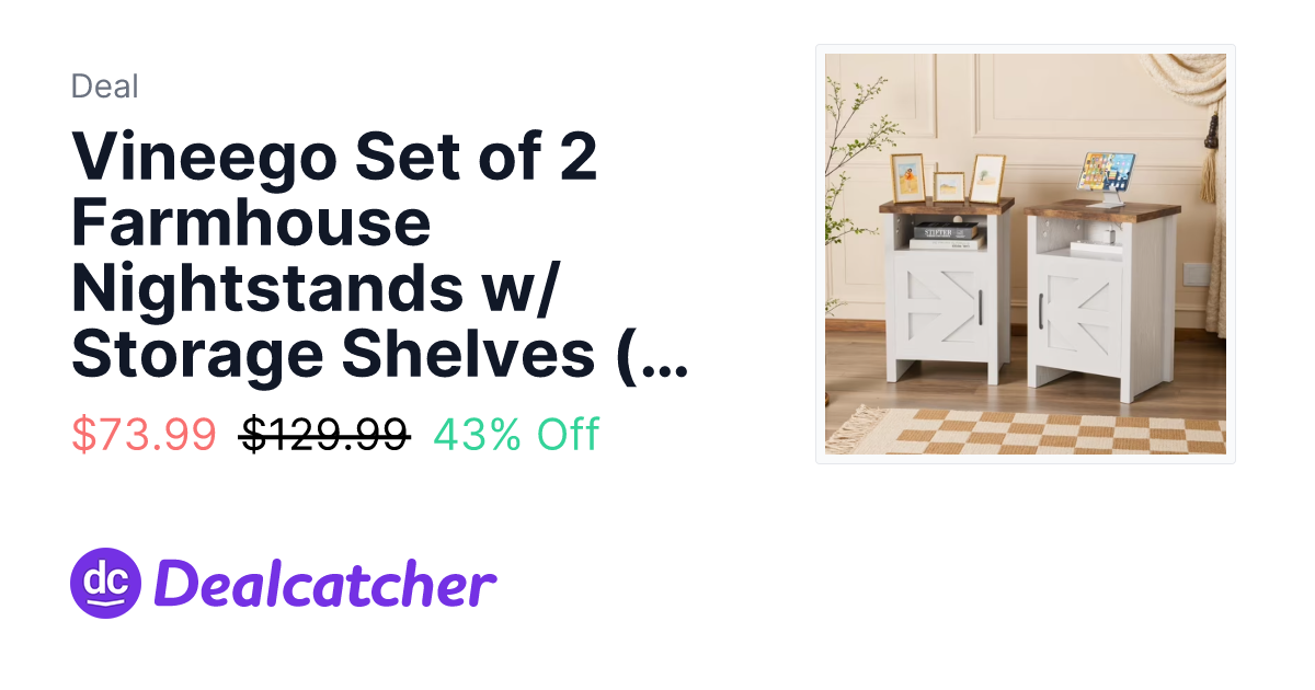 Vineego Set of 2 Farmhouse Nightstands w/ Storage Shelves (White) - $73.99