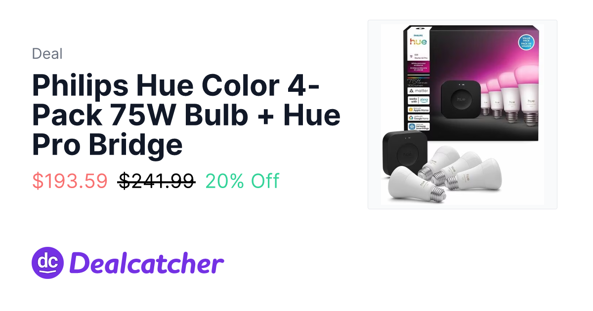 Philips Hue Color 4-Pack 75W Bulb + Hue Pro Bridge - $193.59